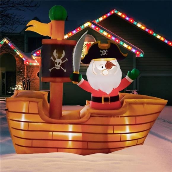 Holiday | 7 Ft Christmas Inflatable Decor With Pirate Santa On A Wooden ...